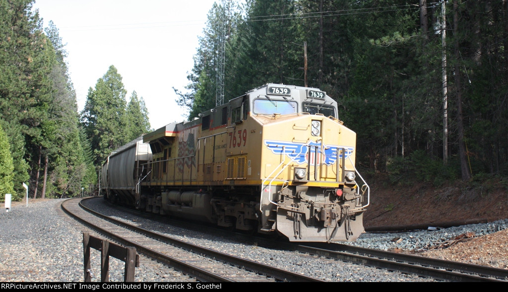 UP 7639 in rear pushing up hill at Dutch Flat